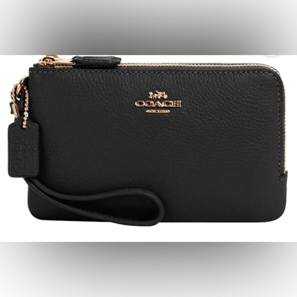 Coach | Bags | Coach Leather Double Corner Zip Wristlet Black 6649 ...